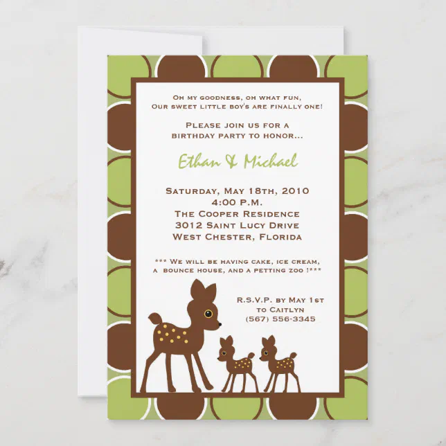 5x7 Forrest Mom TWIN Baby Birthday Part Invitation | Zazzle
