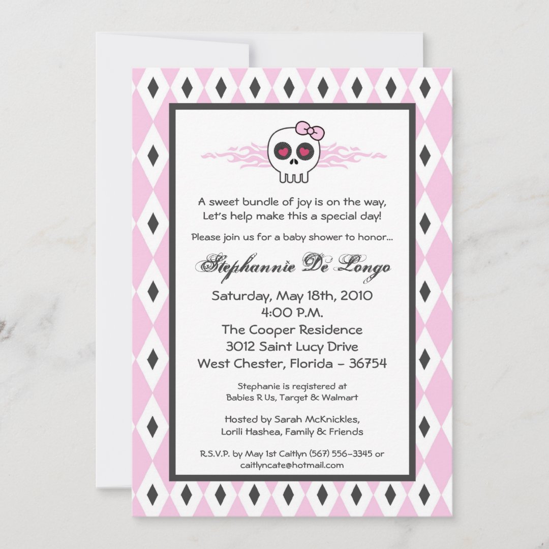 5x7 Girl PunkRock Skull EMO Baby Shower Invitation | Zazzle