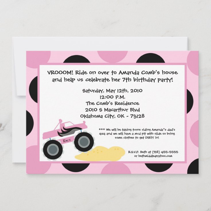 5x7 Girly 4x4 ATV Truck Birthday Party Invitation | Zazzle