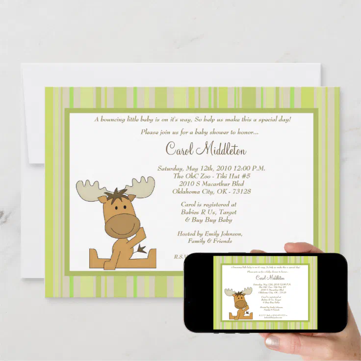 5x7 Green Woodland Moose Baby Shower Invitation | Zazzle
