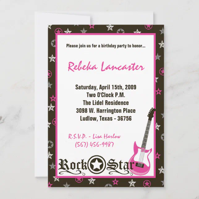 5x7 Invite - Girl Rock Star Birthday Invitation | Zazzle