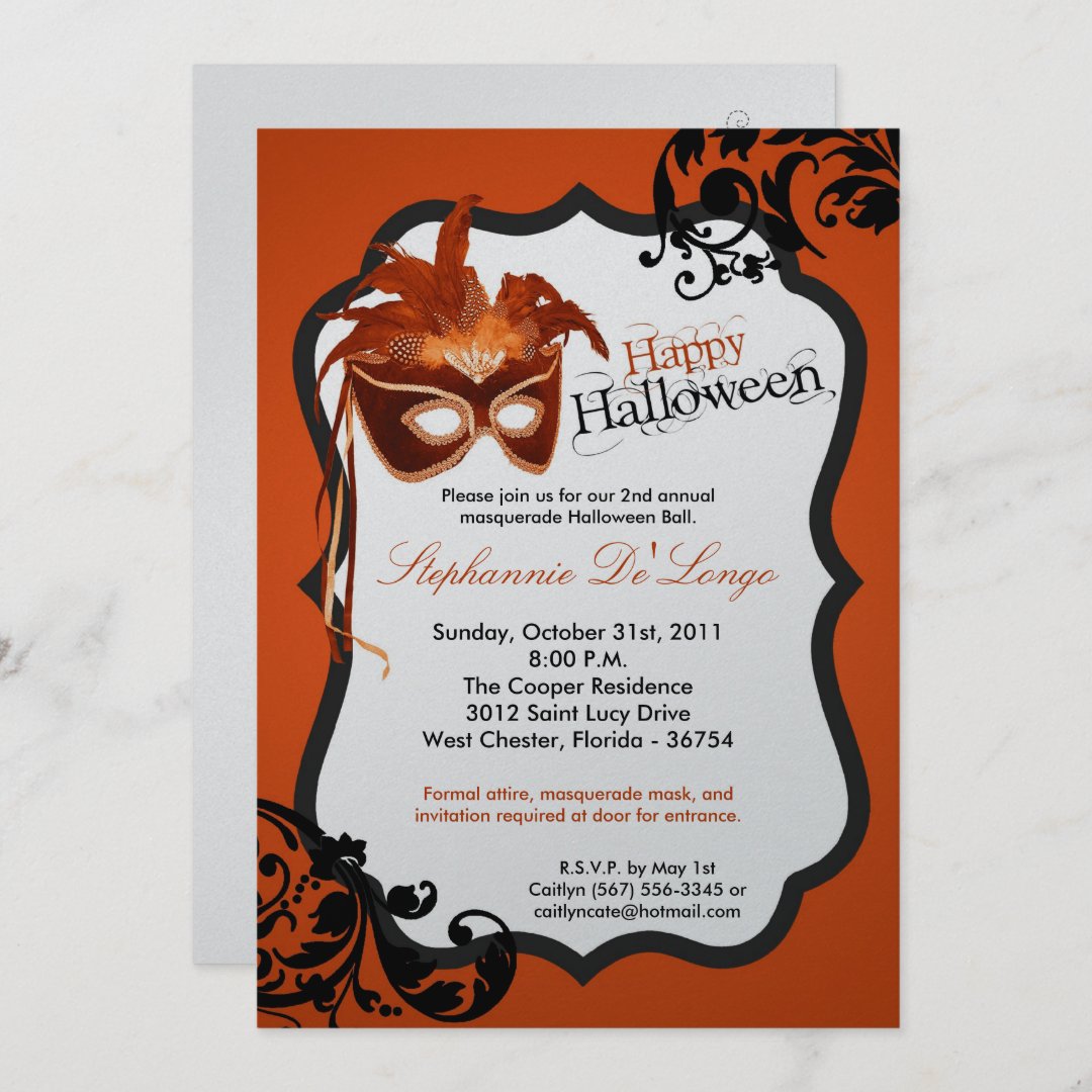 5x7 Orange Masquerade Mask Halloween Invitation | Zazzle