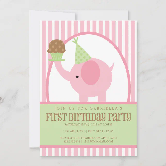 5x7 Pink Elephant Birthday Invitation | Zazzle
