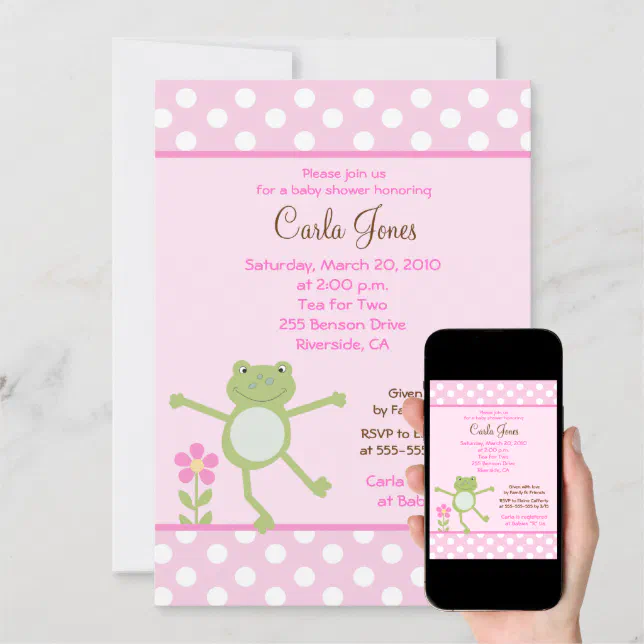 5x7 Pink Leap Frog Girl Baby Shower Invitation | Zazzle
