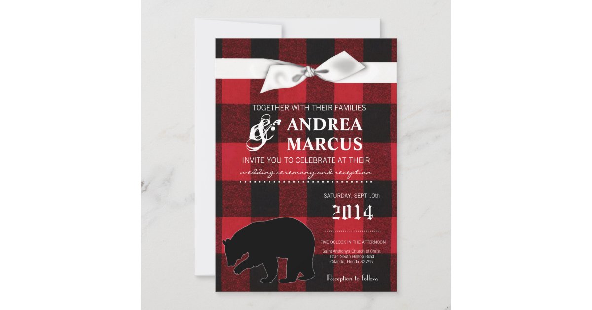 5x7 Red Buffalo Plaid Bear Blac Wedding Invitation | Zazzle