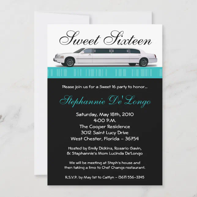 5x7 Teal Turquoi Limo Sweet 16 Birthday Invitation | Zazzle