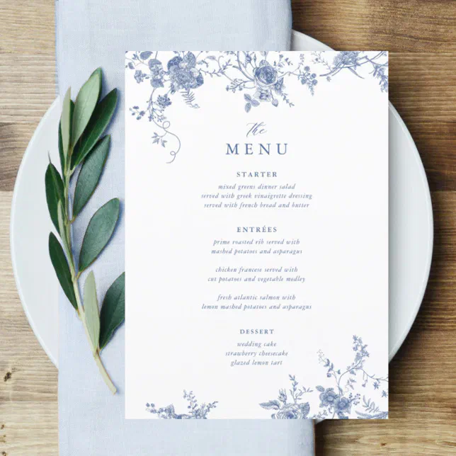 5x7" Victorian Blue Floral Wedding Table Menu | Zazzle