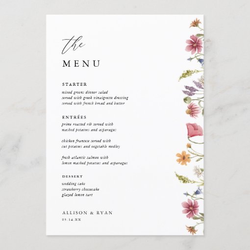 5x7" Wildflower Wedding Table Menu Cards Flat Menu | Zazzle
