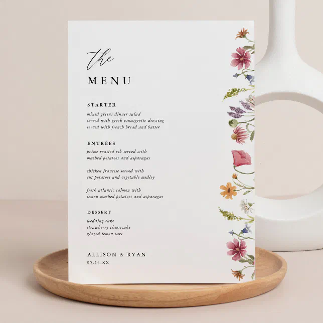 5x7" Wildflower Wedding Table Menu Cards Flat Menu | Zazzle
