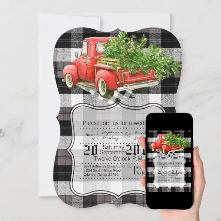 5x7 XMAS Truck Buffalo Plaid Wedding Invitation | Zazzle