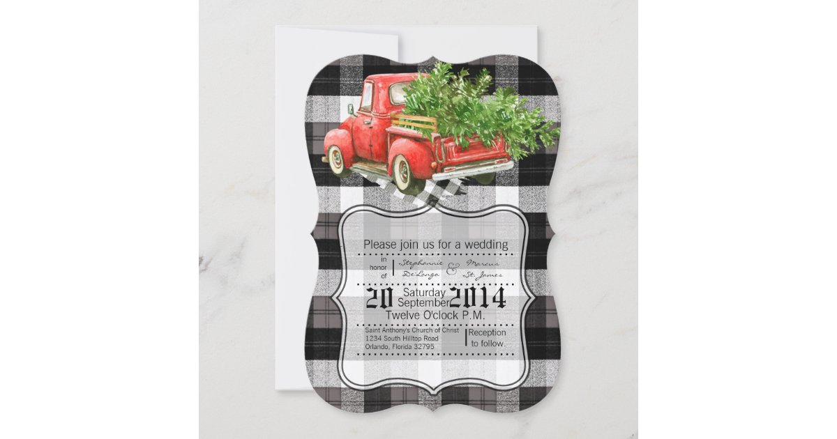 5x7 XMAS Truck Buffalo Plaid Wedding Invitation | Zazzle