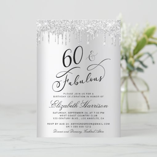 60 Fabulous Silver Glitter Birthday Party Invitation | Zazzle