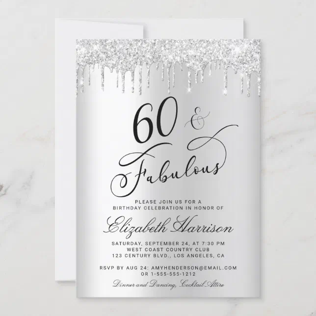 60 Fabulous Silver Glitter Birthday Party Invitation | Zazzle