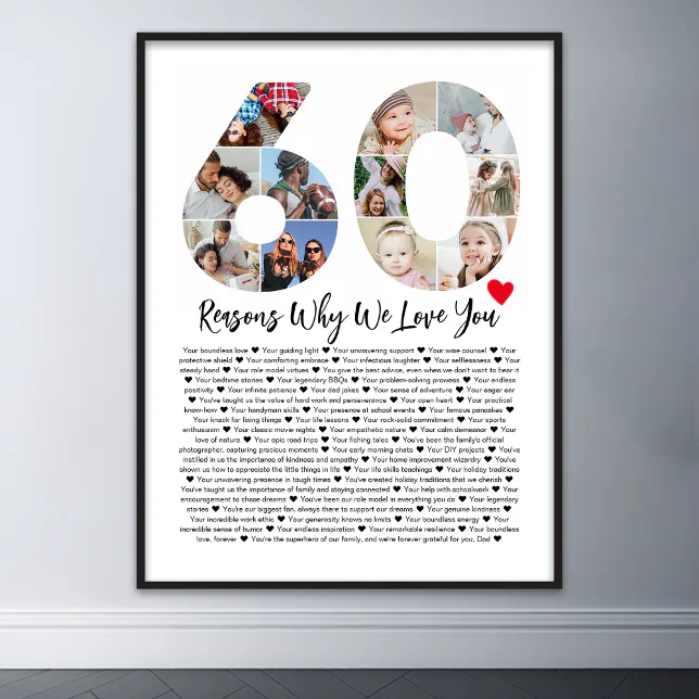 60 Reasons Why We Love You 60th Birthday Collage Poster | Zazzle