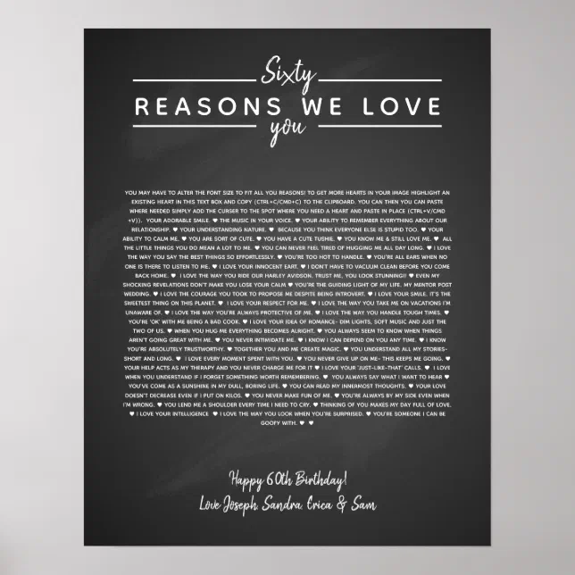 60 reasons why we love you birthday gift for him poster | Zazzle