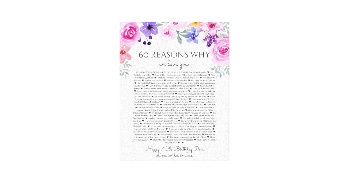 60 reasons why we love you purple pink floral canvas print | Zazzle
