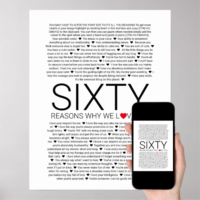 60 reasons why we love you wedding vow love you poster | Zazzle