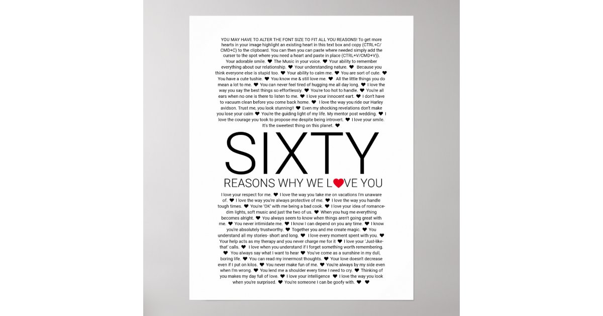 60 reasons why we love you wedding vow love you poster | Zazzle