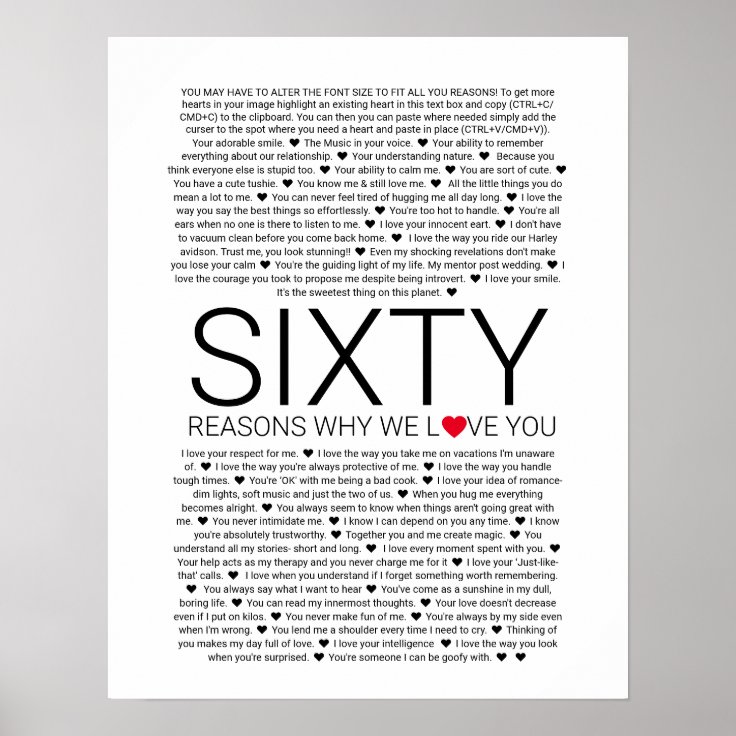 60 reasons why we love you wedding vow love you poster | Zazzle