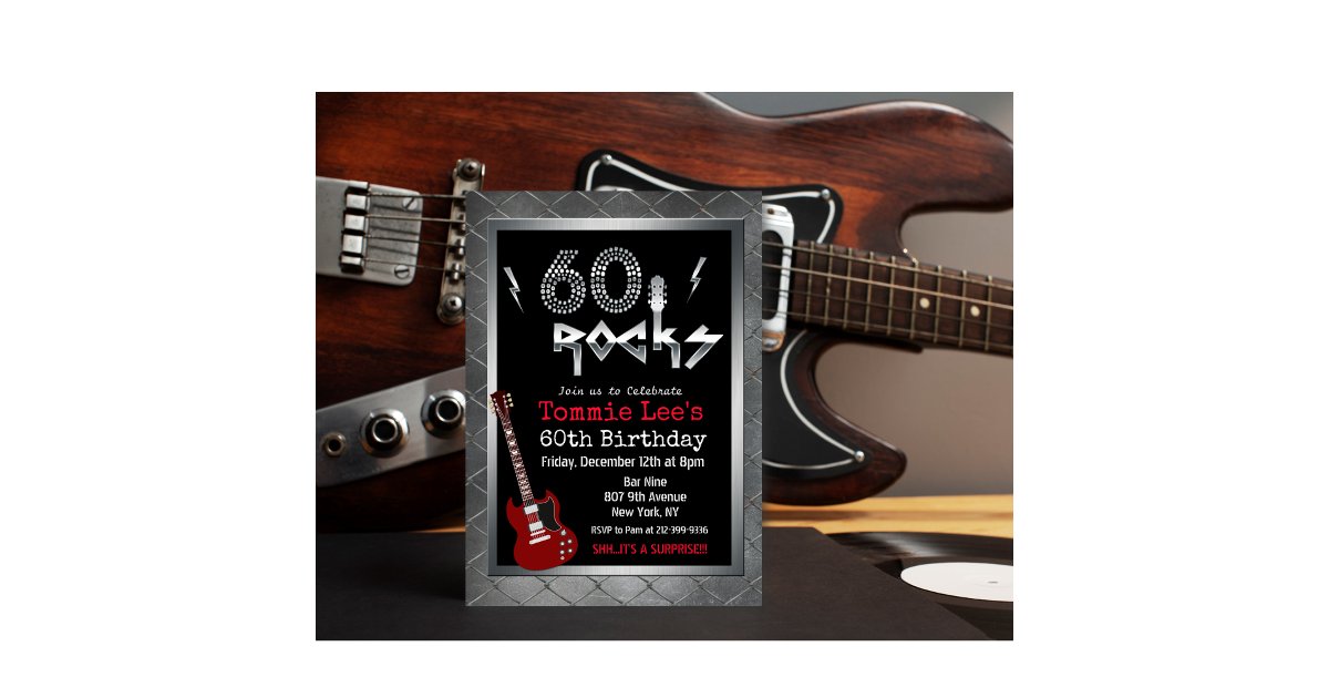 60 Rocks Rockstar Guitar 60th Birthday Invitation | Zazzle