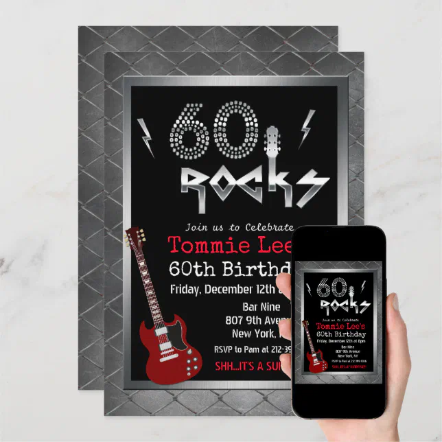 60 Rocks Rockstar Guitar 60th Birthday Invitation | Zazzle