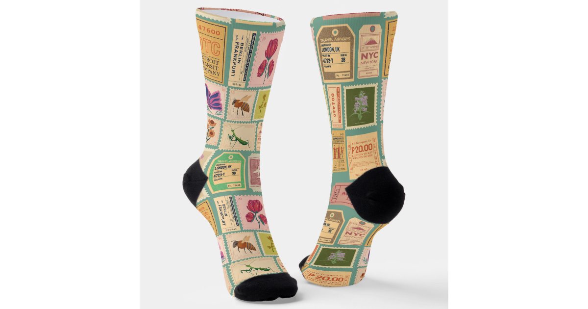60s Modern mid century stamps and tickets Vintage Socks | Zazzle