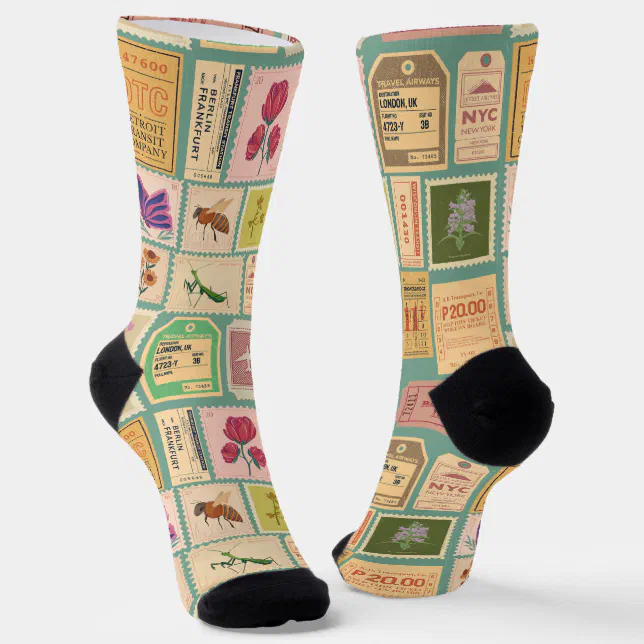 60s Modern mid century stamps and tickets Vintage Socks | Zazzle
