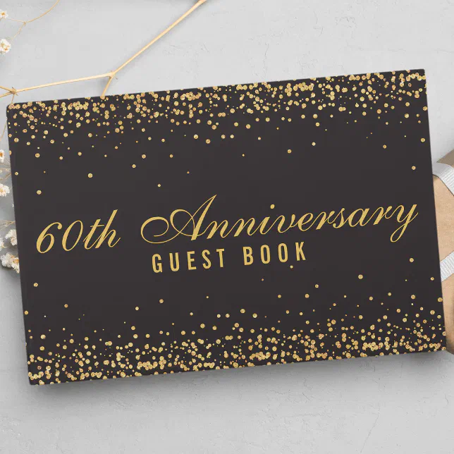 60th Anniversary Black Gold Confetti Elegant Guest Book | Zazzle