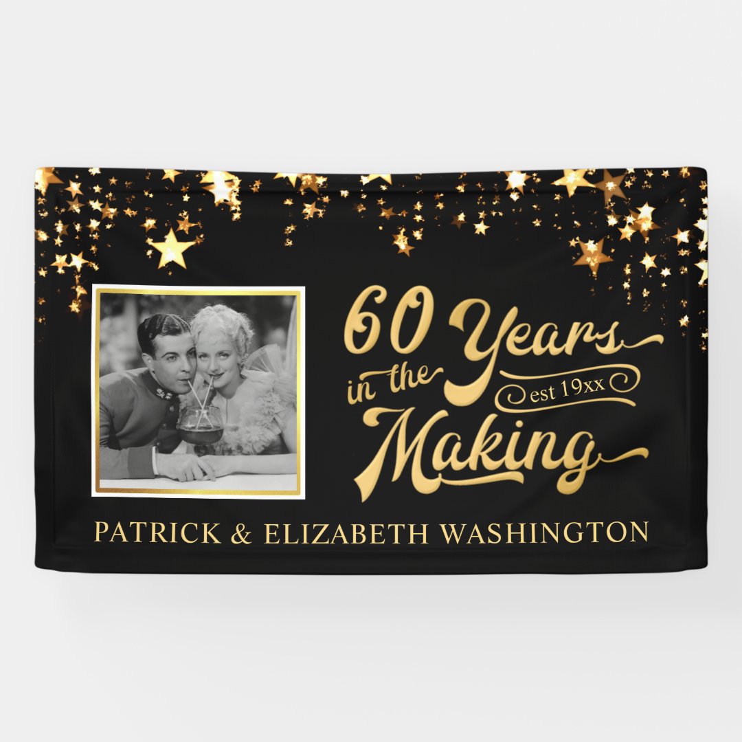 60th Anniversary Photo Black and Gold Stars Banner | Zazzle