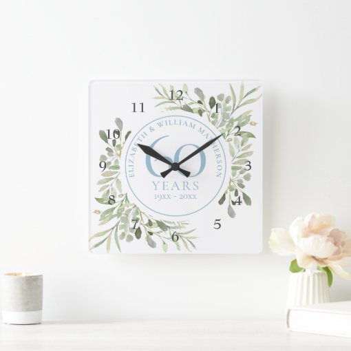 60th Anniversary Watercolour Floral Square Wall Clock | Zazzle