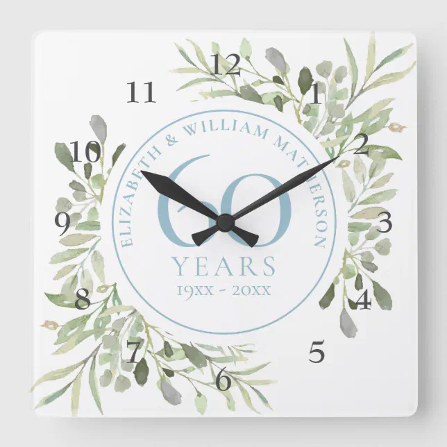 60th Anniversary Watercolour Floral Square Wall Clock | Zazzle