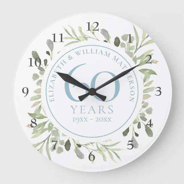 60th Anniversary Watercolour Greenery Floral Large Clock | Zazzle