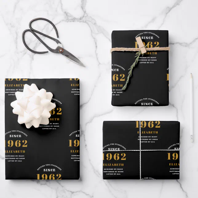 60th Birthday 1962 Black Gold Chic Elegant Wrapping Paper Sheets | Zazzle
