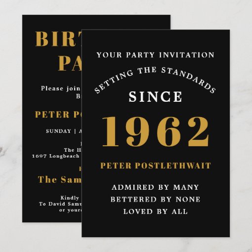 60th Birthday 1962 Black Gold Elegant Chic Invitation | Zazzle