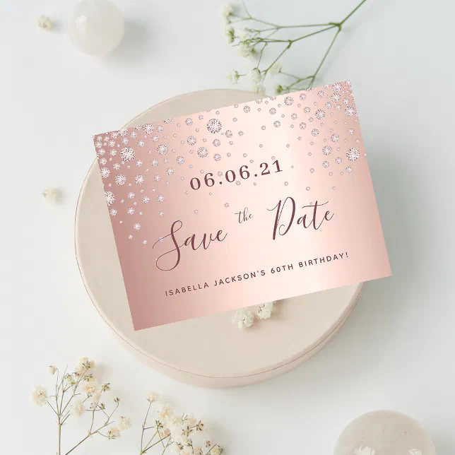 60th birthday 60 rose gold diamonds save the date postcard | Zazzle