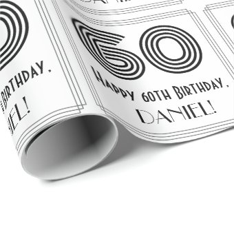 60th Birthday: Art Deco Inspired Style "60" + Name Wrapping Paper | Zazzle