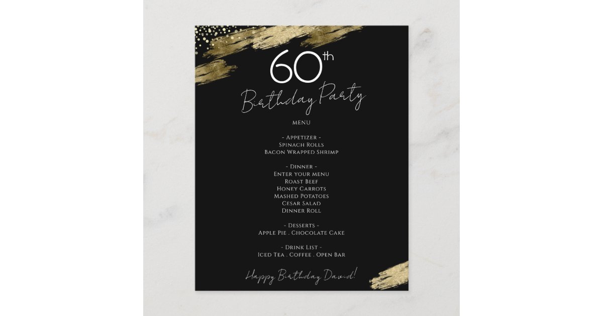 60th Birthday Black and Gold Party Menu Flyer | Zazzle