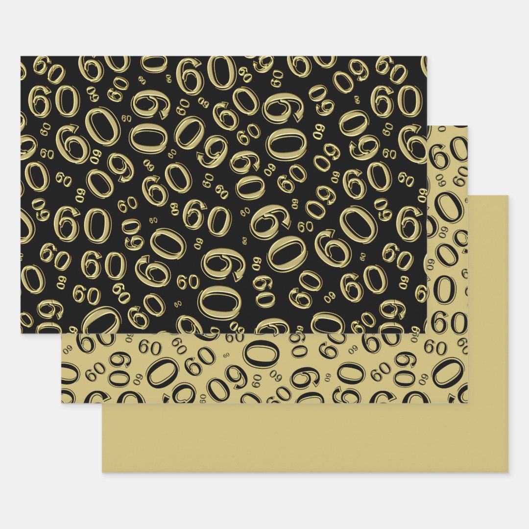 60th Birthday Black & Gold Number Pattern 60 Wrapping Paper Sheets | Zazzle