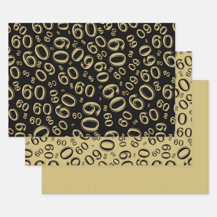 60th Birthday Black & Gold Number Pattern 60 Wrapping Paper Sheets | Zazzle
