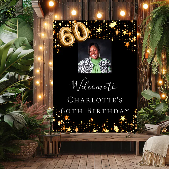 60th birthday black gold stars photo welcome poster | Zazzle