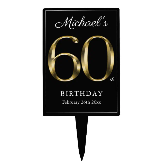 60th Birthday Black Gold Text Milestone Elegant Cake Topper | Zazzle