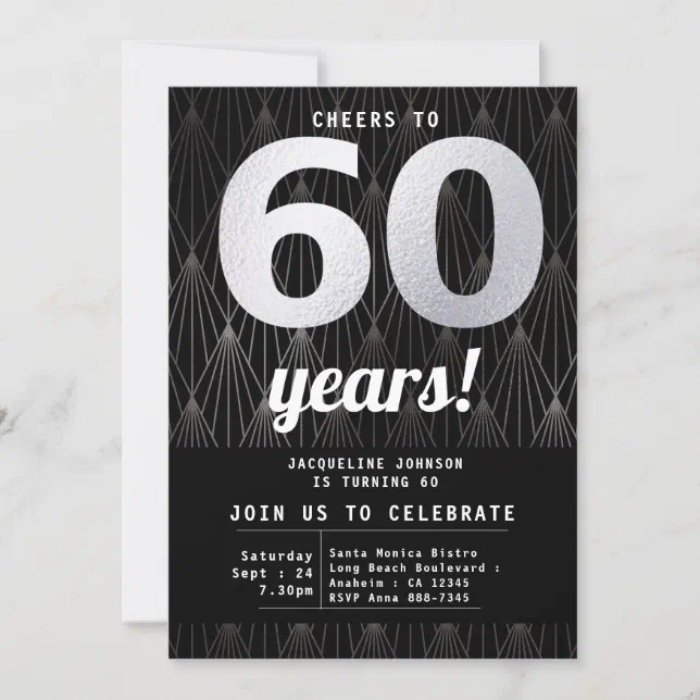 60th Birthday Black Silver Party Invitation | Zazzle