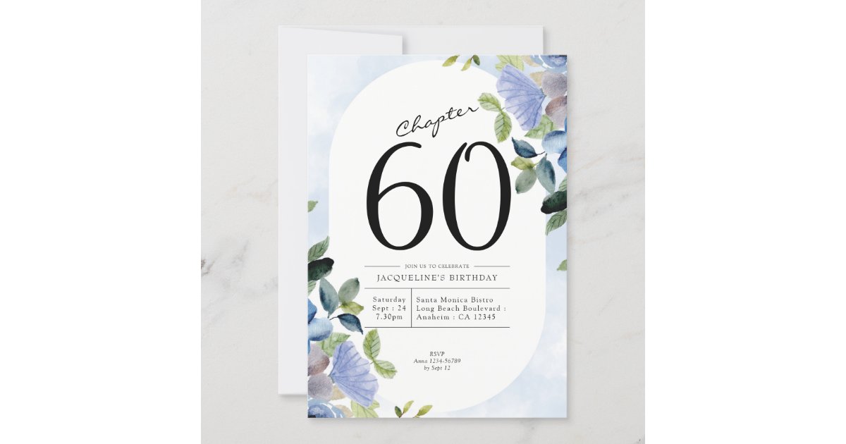 60th Birthday Blue Floral Invitation | Zazzle