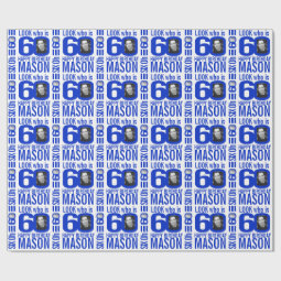 60th birthday blue look 60 custom photo name wrapping paper | Zazzle