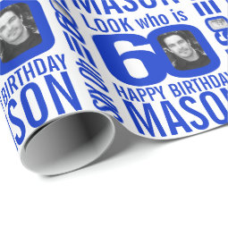 60th birthday blue look 60 custom photo name wrapping paper | Zazzle