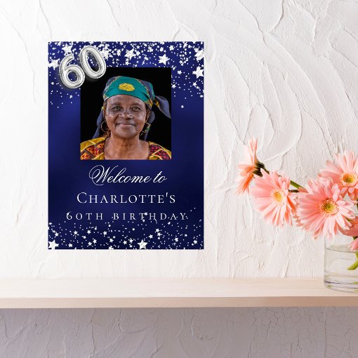 60th Birthday blue silver stars photo welcome Poster | Zazzle