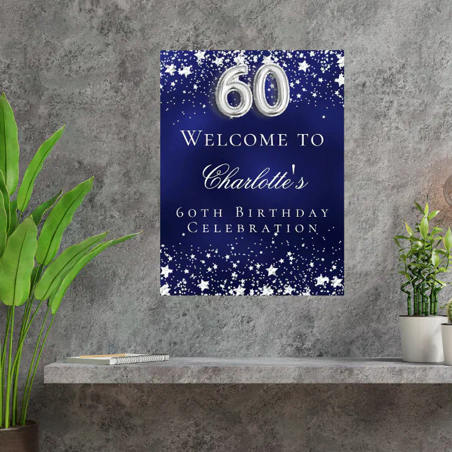 60th Birthday blue silver stars welcome party Poster | Zazzle