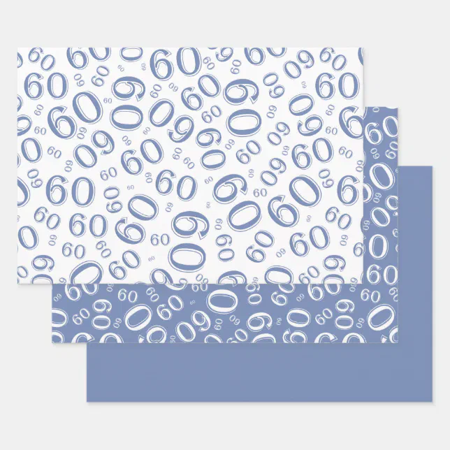 60th Birthday Blue & White Number Pattern 60 Wrapping Paper Sheets | Zazzle