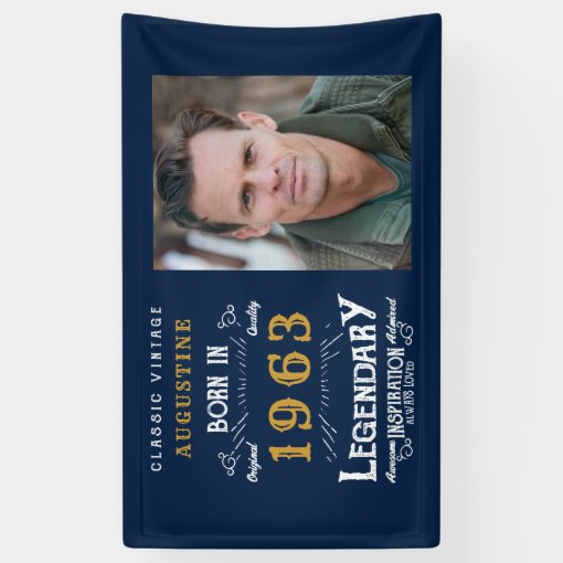 60th Birthday Born 1963 Legend Blue Gold Photo Banner | Zazzle