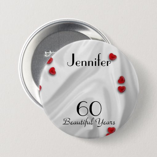 60th Birthday Button / Pin, Small Red Hearts | Zazzle